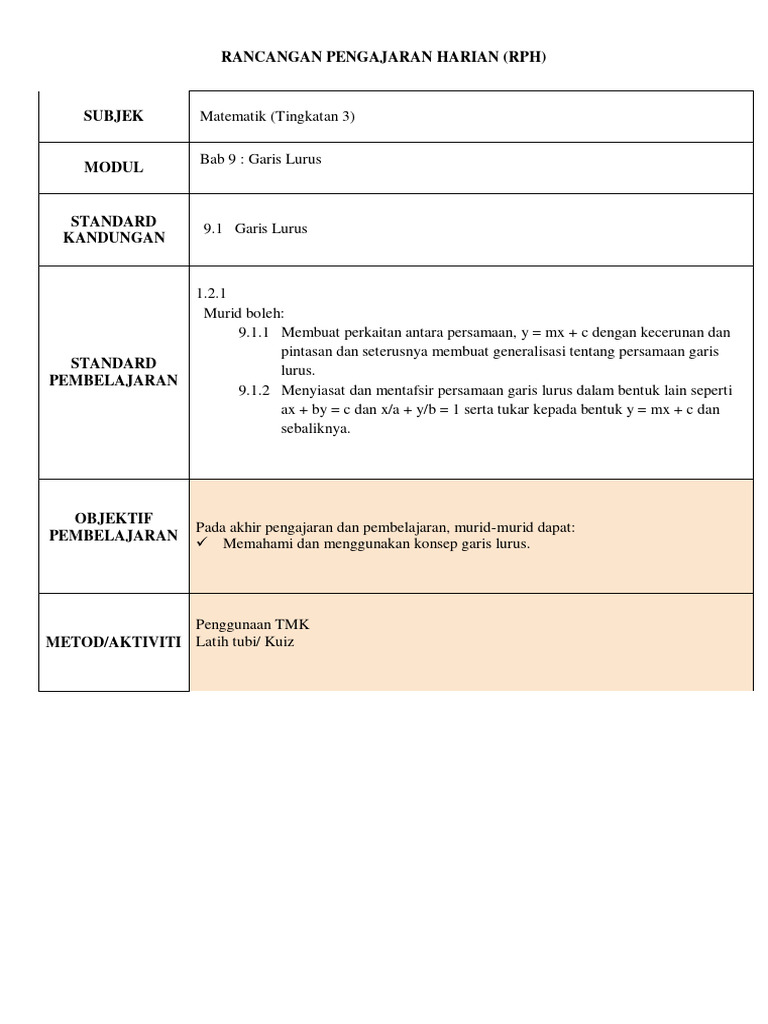 RPH Matematik Tingkatan 3: Garis Lurus | PDF