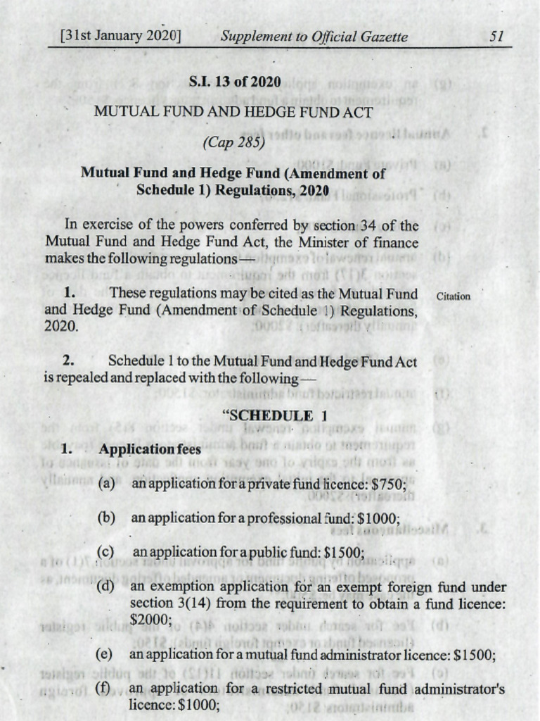 Mutual Fund and Hedge Fund Amendment of Schedule 1 Regulations 2020 | PDF