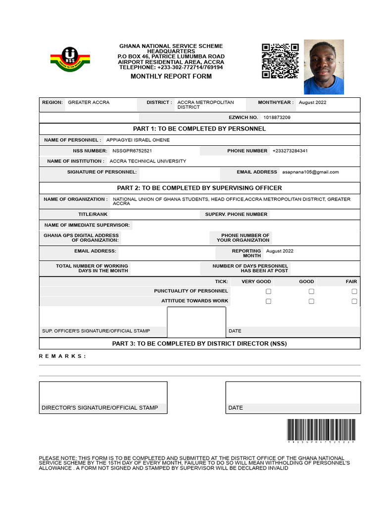 Monthly Report Form: Part 1: To Be Completed by Personnel | PDF ...