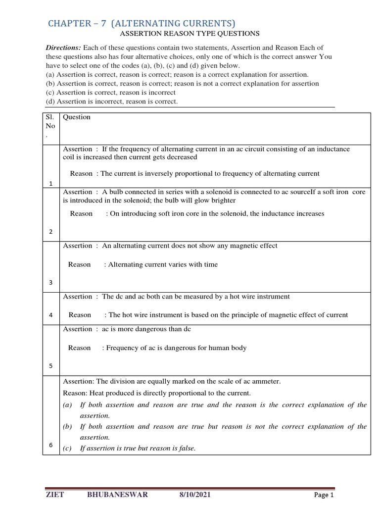 Physics XII CH 7 Physics Assertion Reasoning Alternating Current | PDF | Capacitor | Inductance
