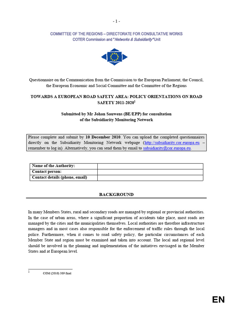 En Questionnaire RoadSafety | PDF | Road Traffic Safety | European Union