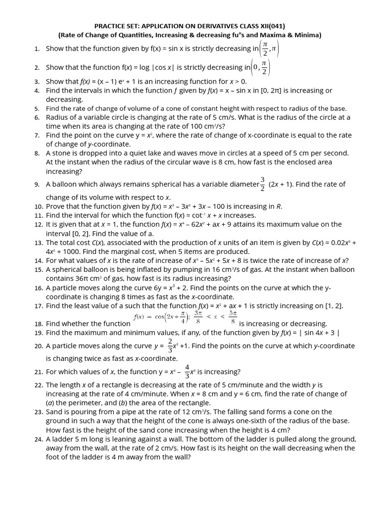Practice Set Aod Class Xii | PDF | Area | Mathematical Analysis