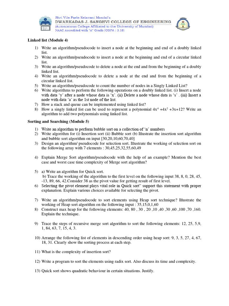 DSA - TT2 - Practice Questions | PDF | Computing | Algorithms And Data Structures