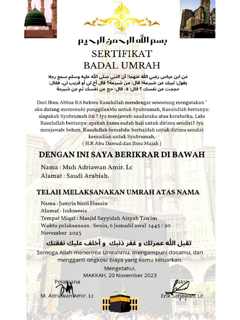 Sertifikat Badal Untuk Jumria Binti Husain | PDF