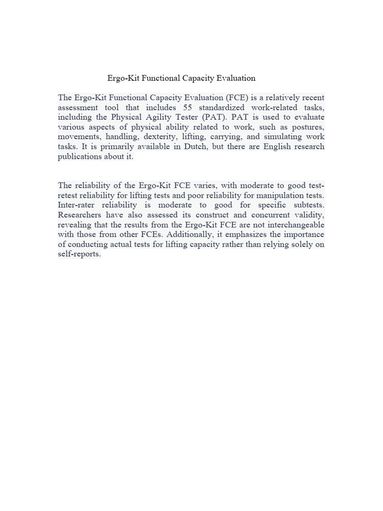 Ergo-Kit Functional Capacity Evaluation | PDF
