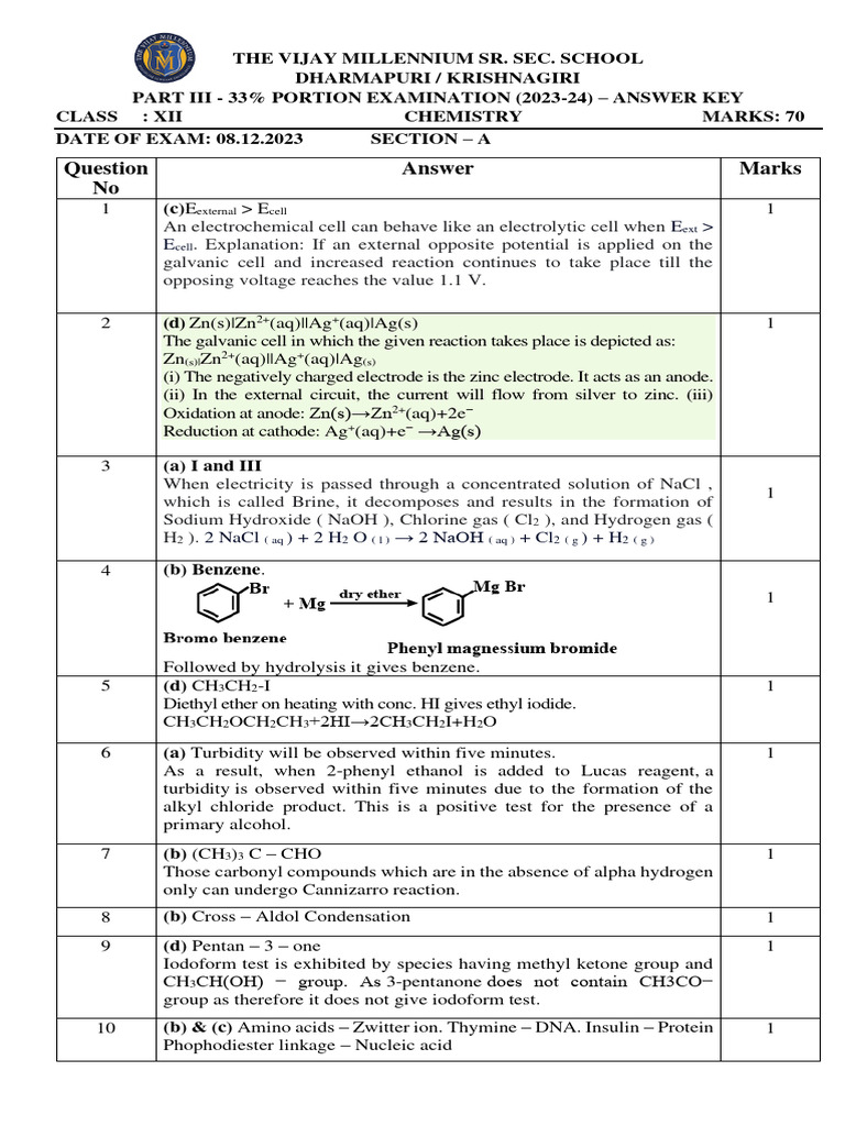 XII Chemistry Exam Answer Key 2023-24 | PDF | Acid | Chemistry