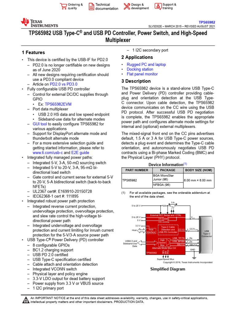 C Type USB Controller - tps65982 | PDF | Usb | Computer Engineering