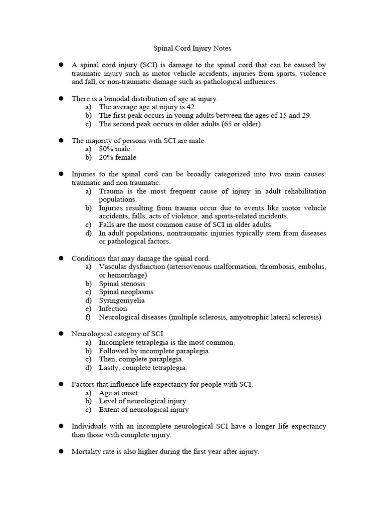 Spinal Cord Injury Notes | PDF | Spinal Cord Injury | Medical Specialties