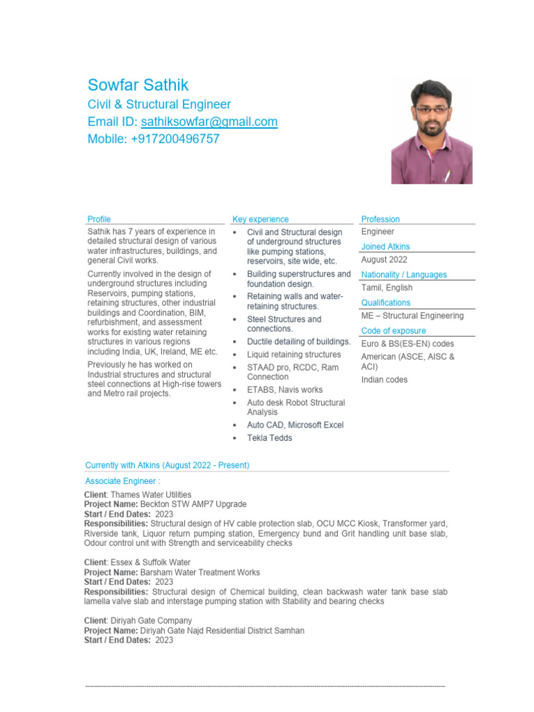 Structural Engineer Resume - Sathik - Oct - 2023-1 | PDF | Truss ...