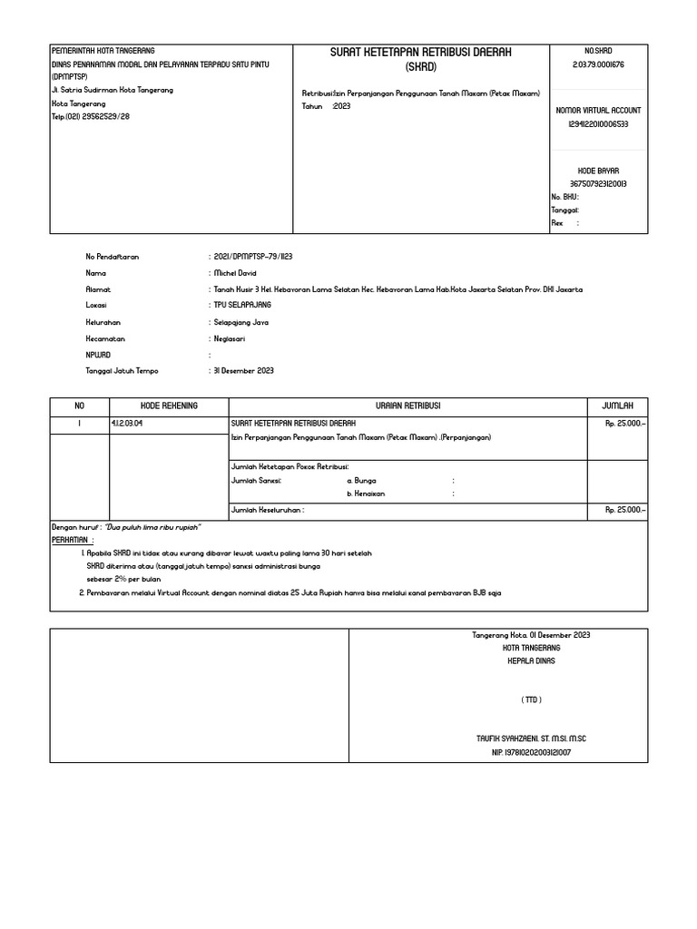 Print SKRD - Perizinan Online :: DPMPTSP Kota Tangerang | PDF