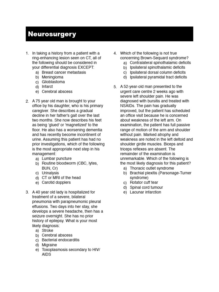 Neurosurgery Multiple Choice. MCQ | PDF | Headache | Neurological Disorders