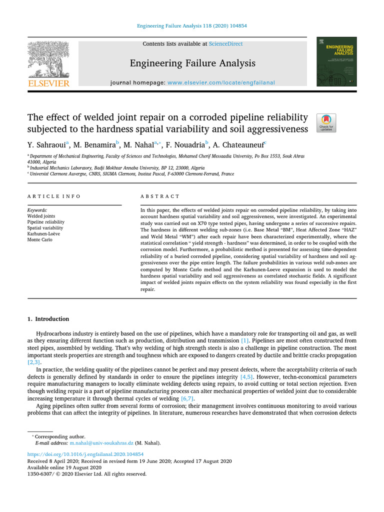 The Effect Of Welded Joint Repair On A Corroded Pipeline Reliability Pdf Construction Welding 