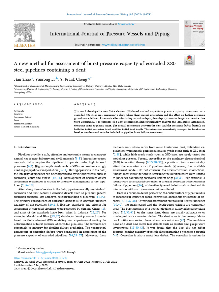 A New Method For Assessment of Burst Pressure Capacity of Corroded X80 Steel Pipelines ...