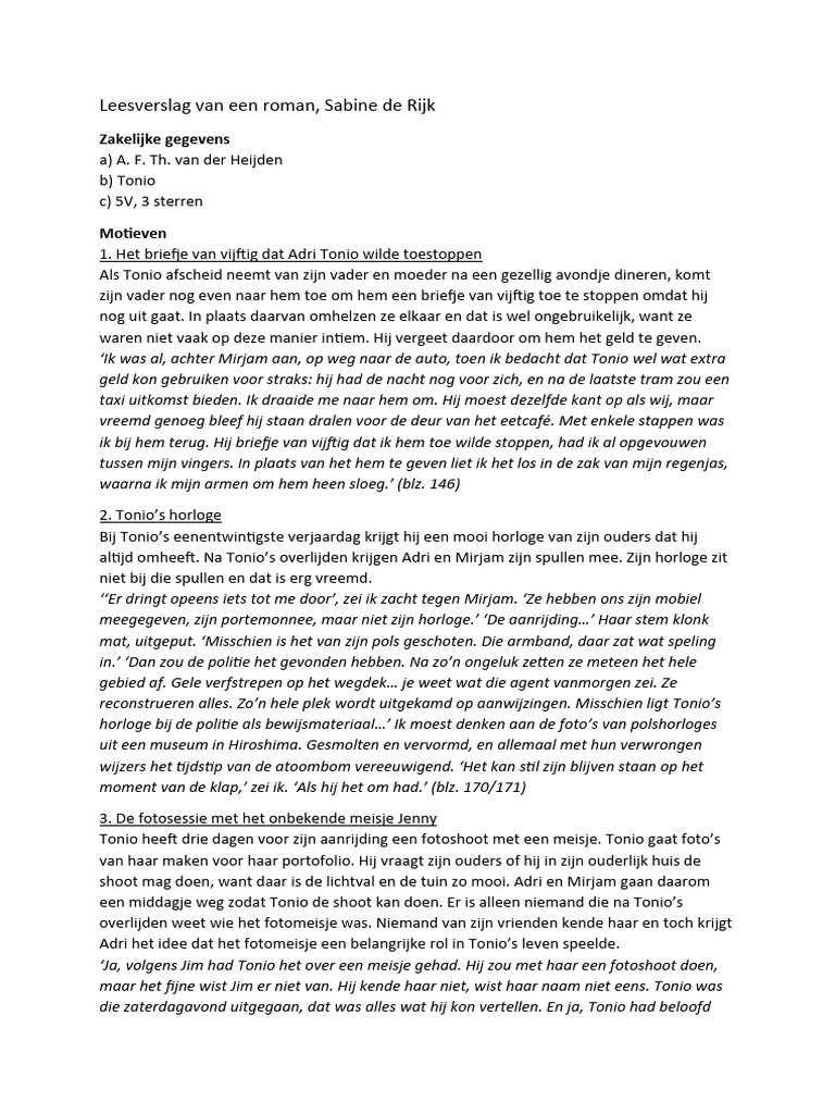 Leesverslag Van Een Roman Tonio | PDF