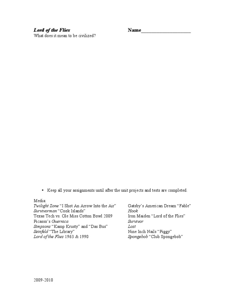 Lord of the Flies Project Guidelines | PDF | Question | Homework