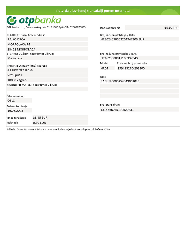Potvrda o Izvršenoj Transakciji Putem Interneta: OTP Banka D.D ...
