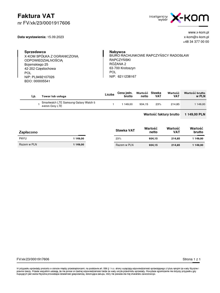 Faktura VAT: NR FV/xk/23/0001917606 | PDF
