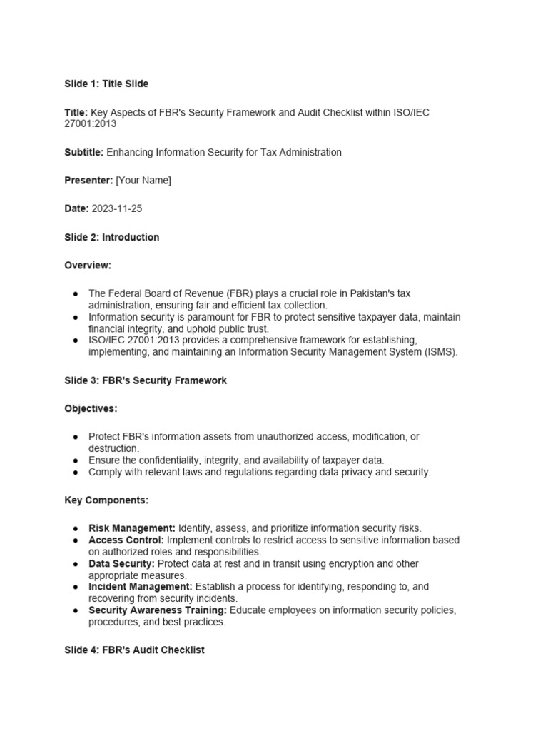 Create PPT content for key aspects of FBR's security framework and audit checklist of fbr within ...