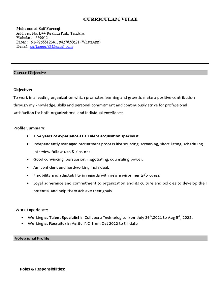 Mohammed Saif Farooqi CV | PDF | Recruitment | Cognition