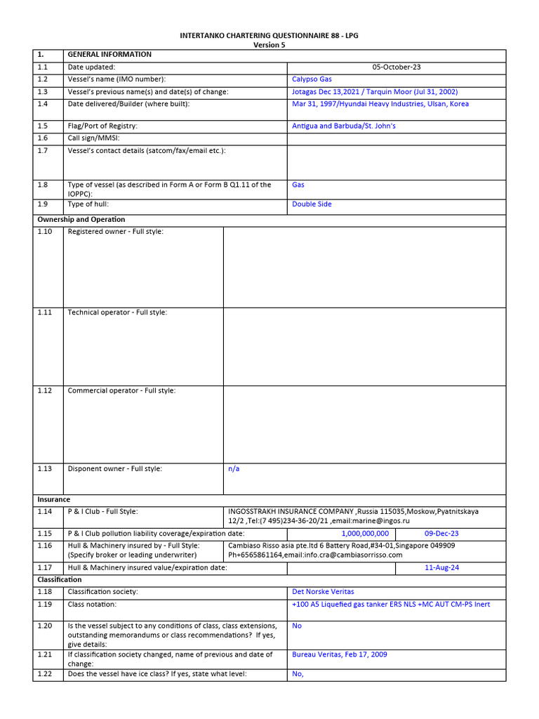 Calypso Gas - Q88 (LPG) | PDF | Tonnage | Ships