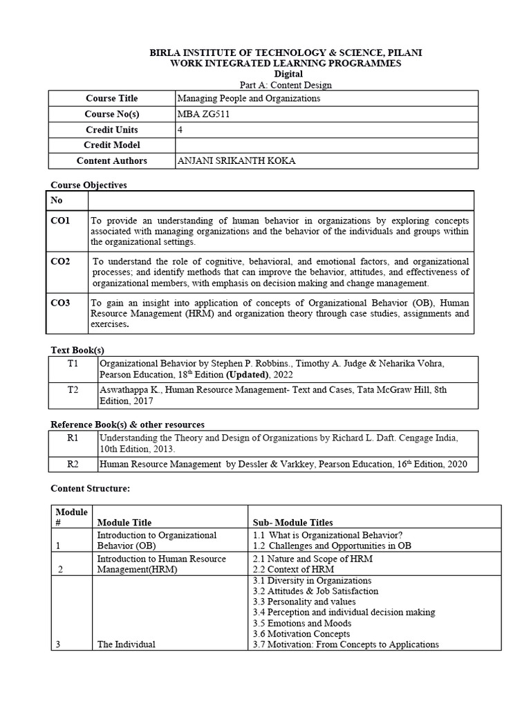 MBA ZG511 Managing People and Organizations COURSE HANDOUT | PDF ...