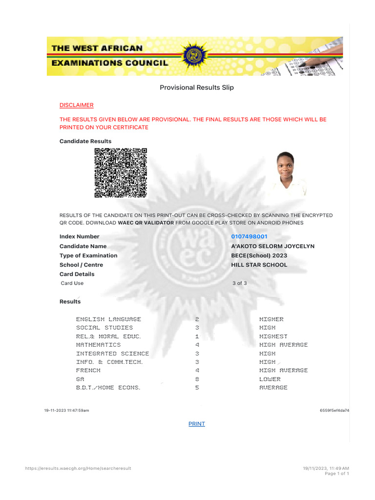 Provisional BECE Results Slip | PDF
