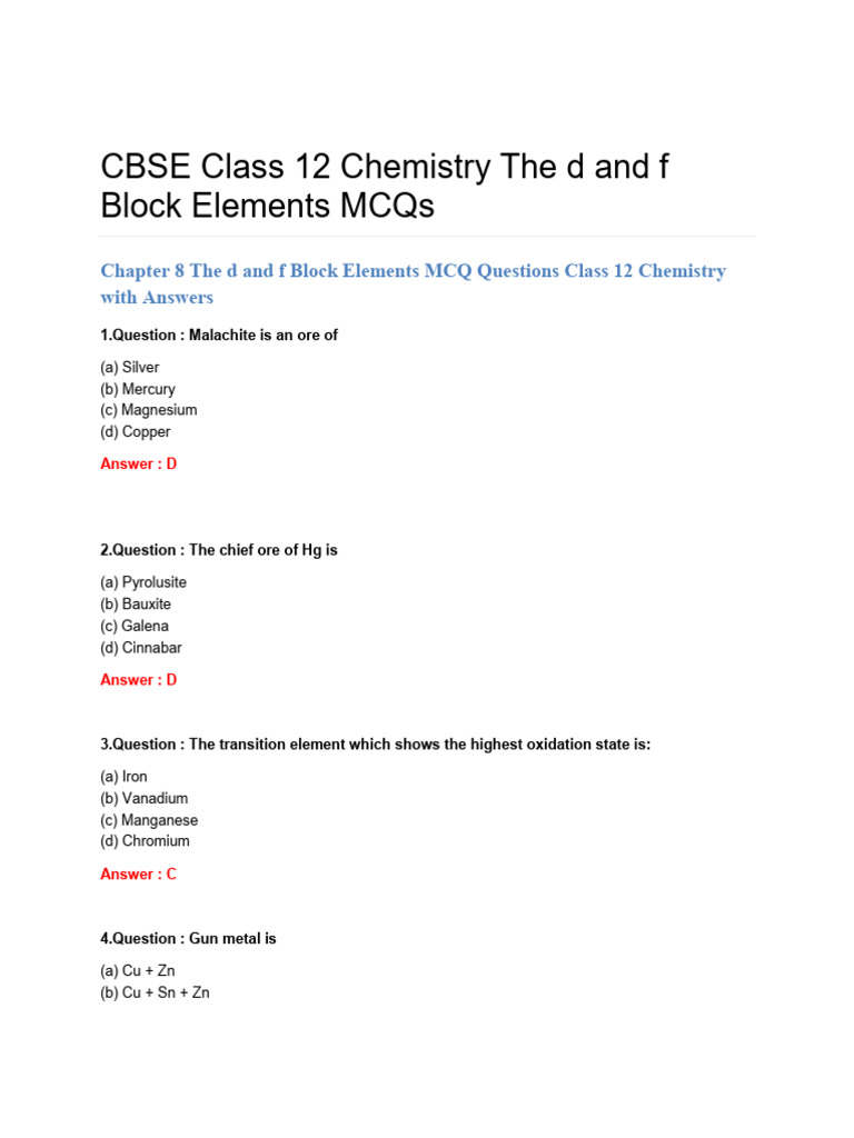 Class 12 D and F Block Elements MCQs | PDF | Transition Metals | Iron