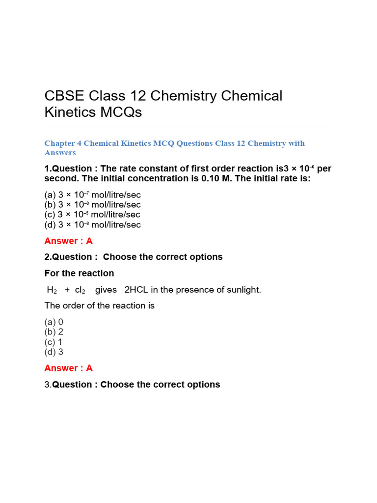 Chapter 4 Chemical Kinetics MCQs | PDF