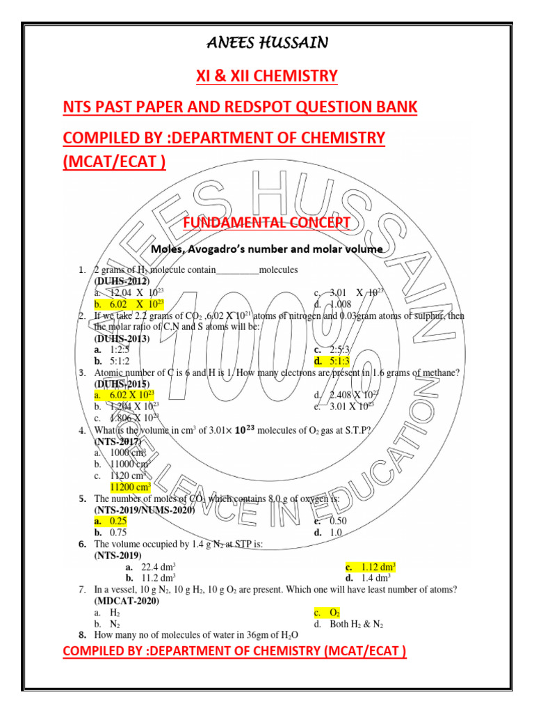 Xi Xii Chem Mcqs Nts and Past Papers Updated | PDF | Chemical Bond | Chemical Polarity