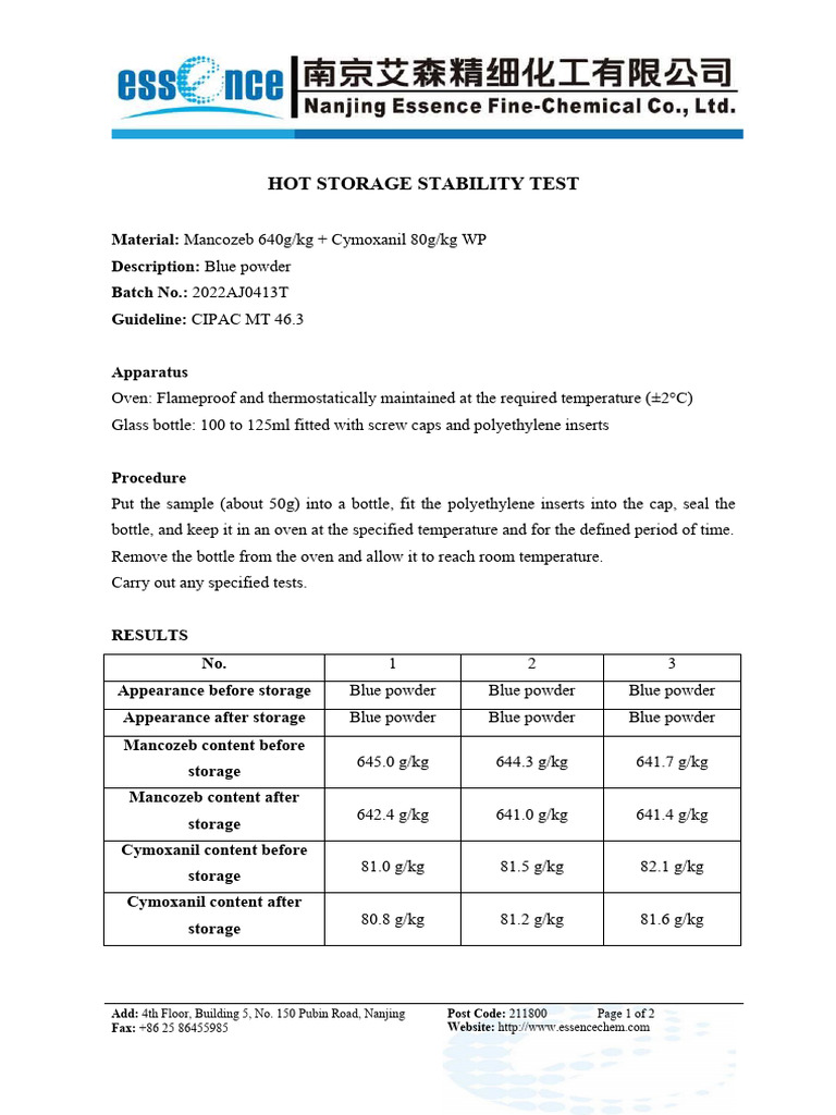 Storage Stability Report of Mancozeb 640gkg + Cymoxanil 80gkg WP | PDF ...
