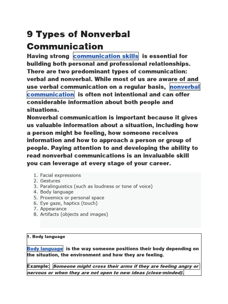 Types of Nonverbal Communication | PDF | Nonverbal Communication | Body Language