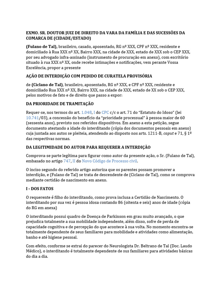 Modelo Acao de Interdicao Com Pedido de Curatela Provisoria | PDF ...
