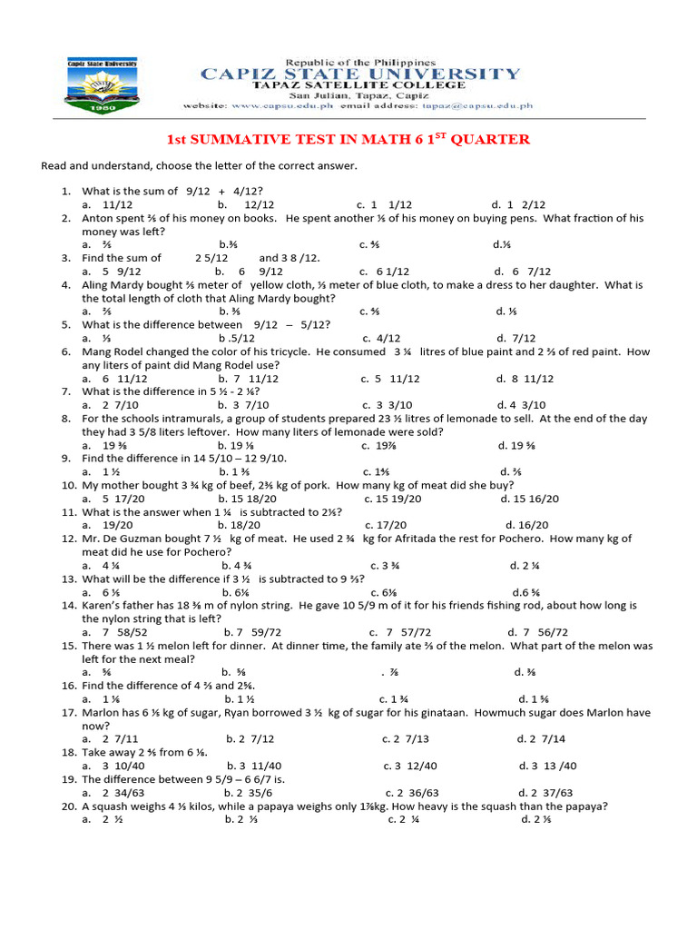 Math 6 1st Quarter Summative Test | PDF | Litre