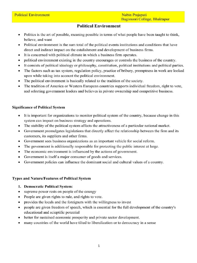 Political Environment Full Notes 01 | PDF