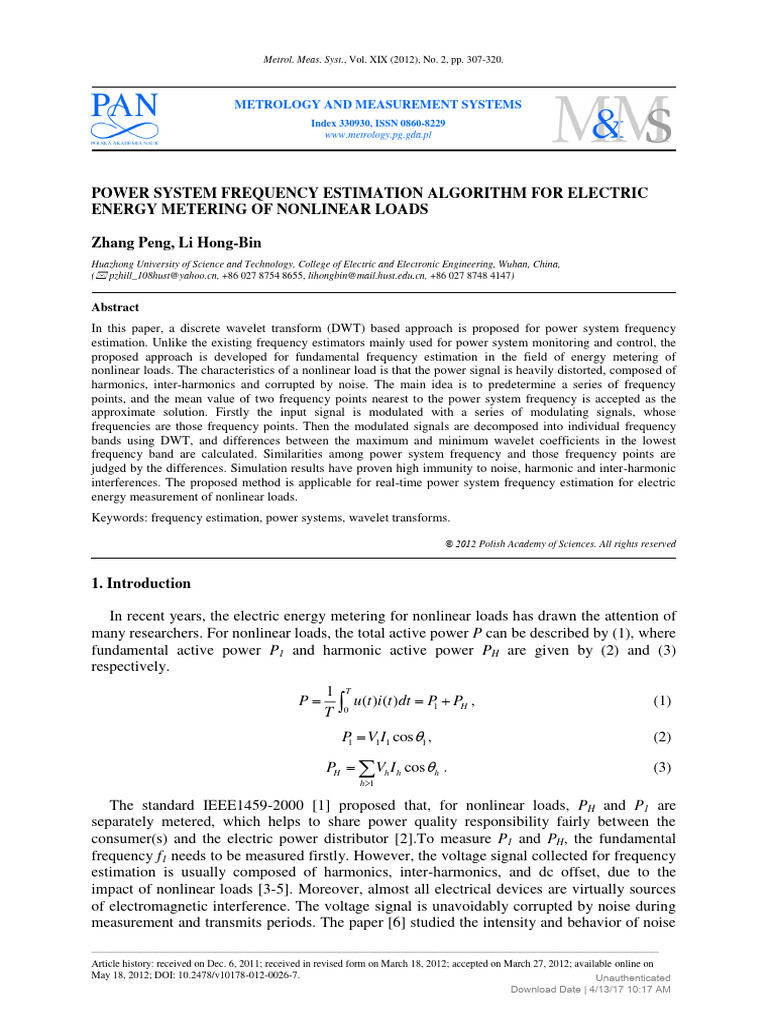 Metrology And Measurement Systems Power System Frequency Estimation Algorithm For Electric 0202