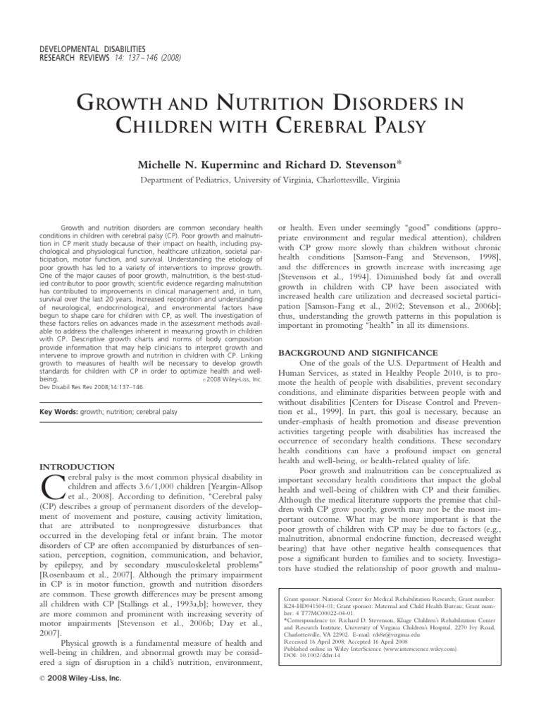 Growth and Nutrition Disorders in | PDF | Malnutrition | Cerebral Palsy