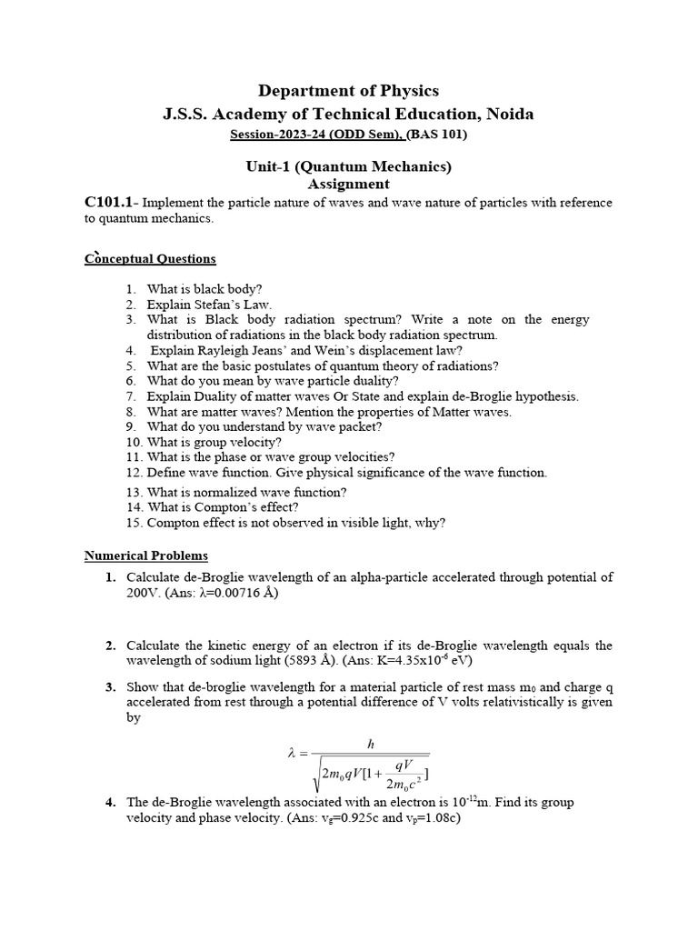 Unit 1 Quantum Mechanics Assignment | PDF | Waves | Motion (Physics)