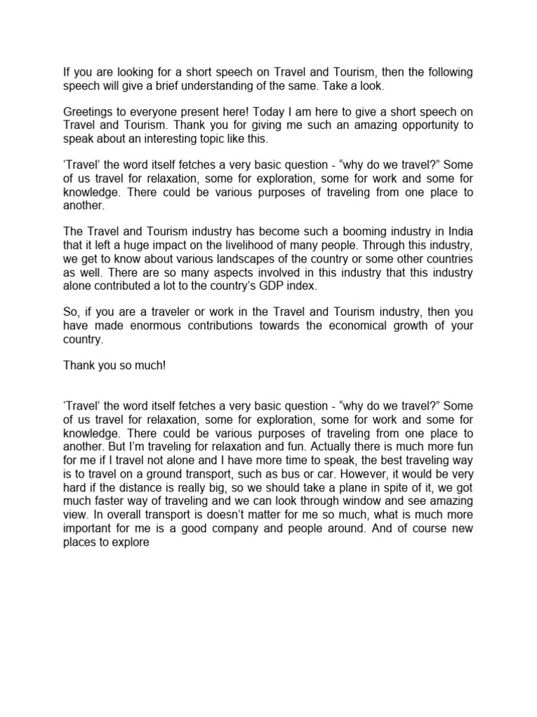 Short Speech on Travel and Tourism | PDF