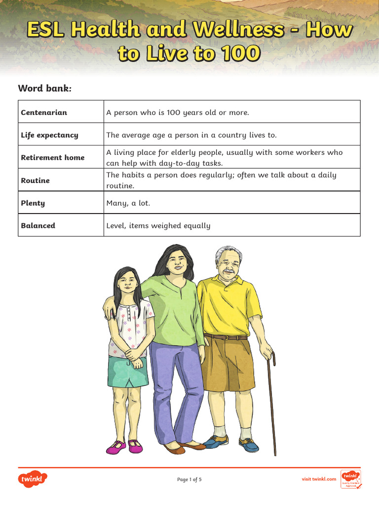 ESL Health and Wellness How To Live To 100 | PDF | English As A Second ...