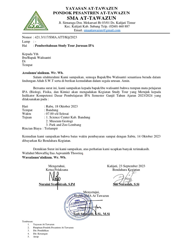 Surat Pemberitahuan Study Tour A4 | PDF