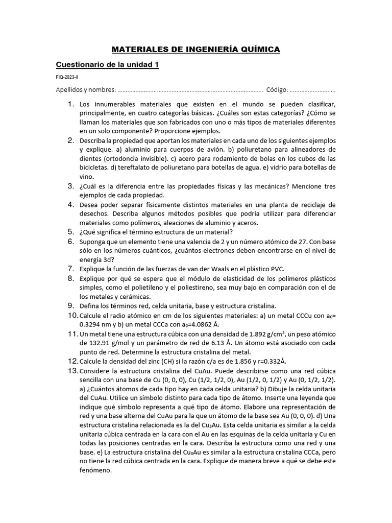 MATERIALES DE INGENIERIA QUIMICA Cuestionario U1 | PDF | Fase (materia) | Cobre
