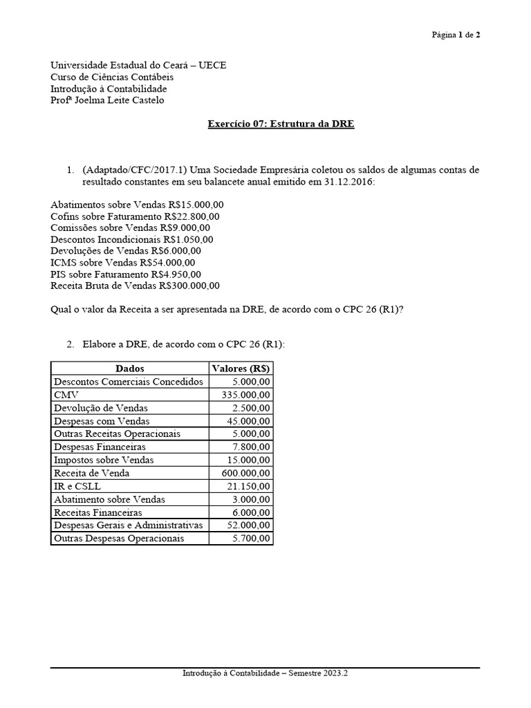 Exercício 07 - Estrutura Da DRE | PDF | Contabilidade | Serviços ...