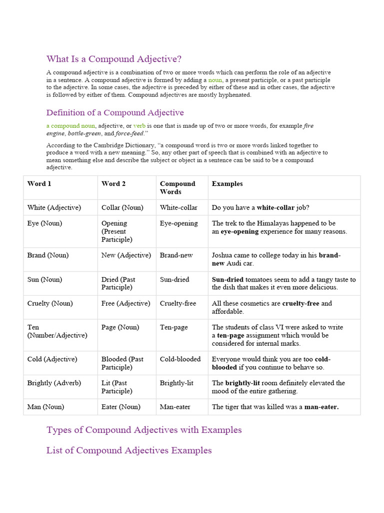 Compound Adjective Explanation | PDF | Adjective | Word