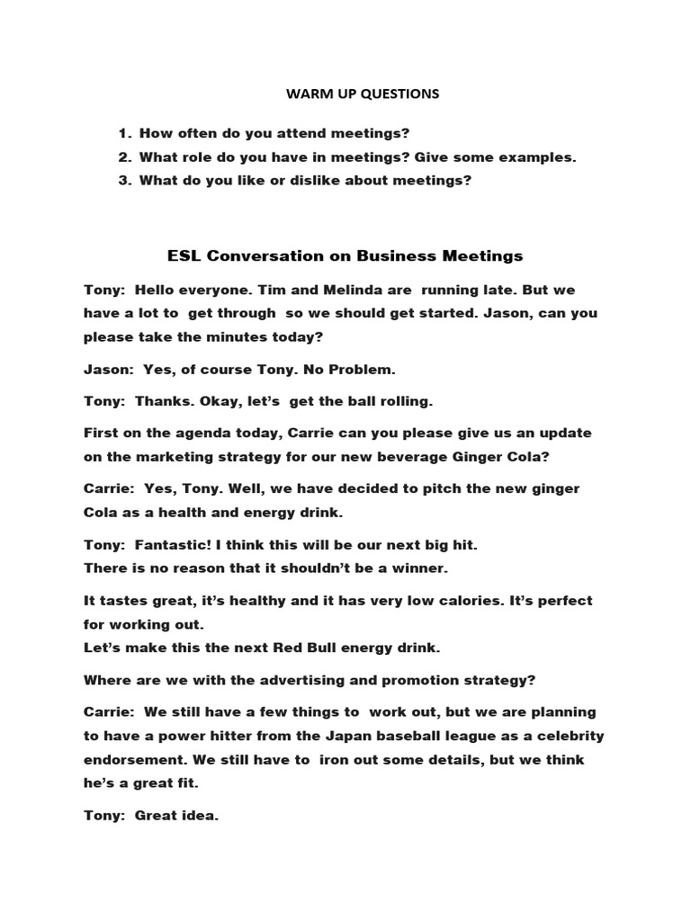 ESL Business Meeting Conversation Guide | PDF | Career & Growth | Lifestyle