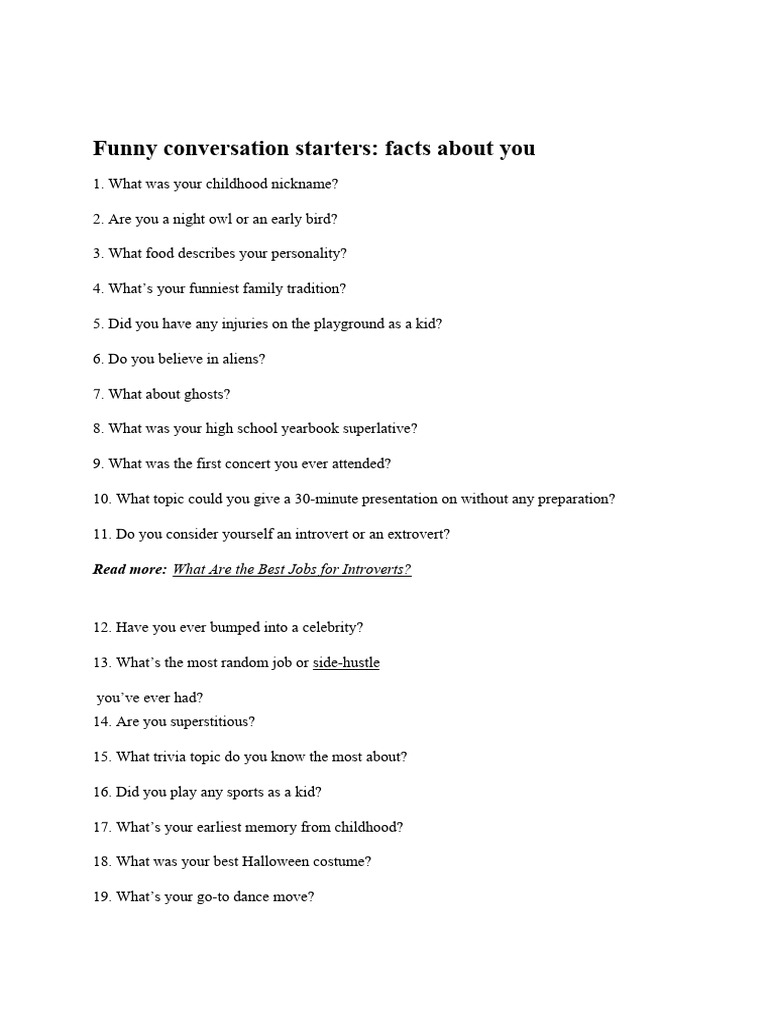 Hilarious Conversation Starters List | PDF | Language Arts & Discipline ...