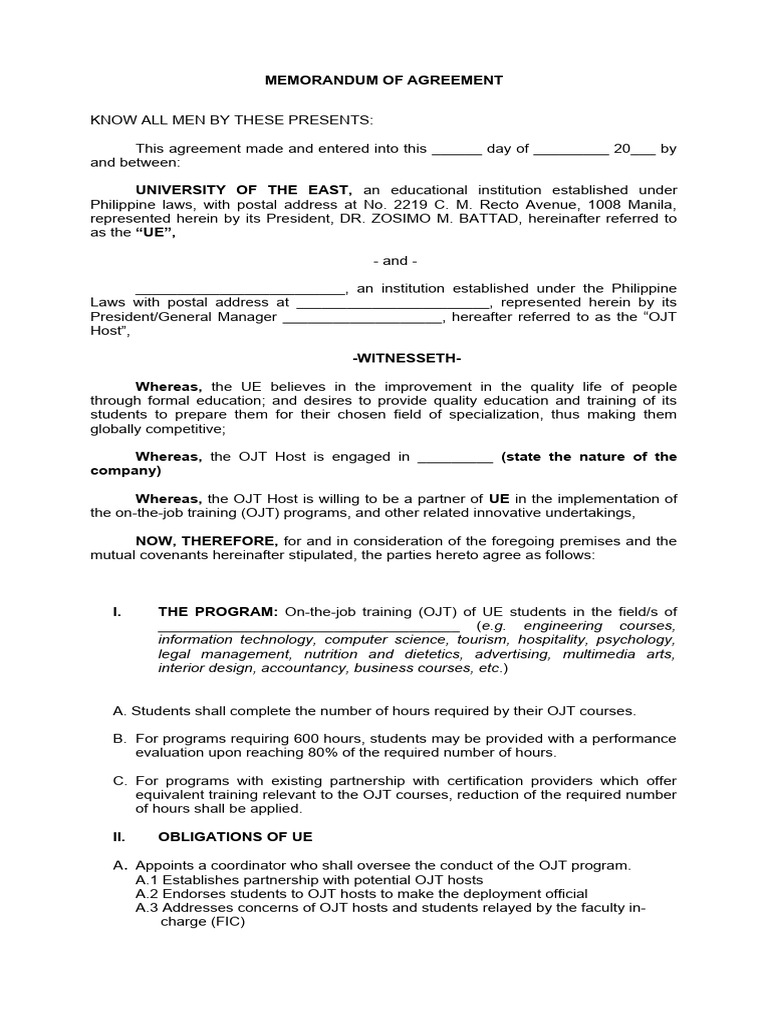 UE OJT Memorandum of Agreement | PDF | Indemnity | Justice