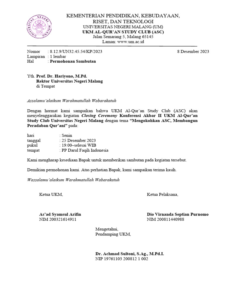 Permohonan Closing - Sambutan - Doa - MC | PDF | Sains & Matematika