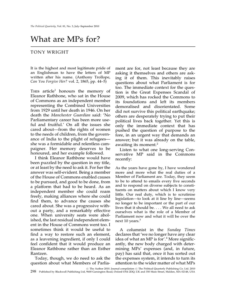 Political Quarterly - 2010 - WRIGHT - What Are MPs For | PDF | Member ...