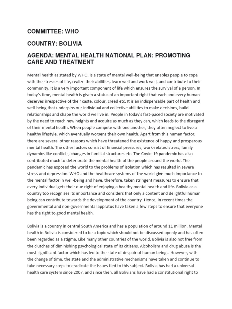 Bolivia's Mental Health National Plan | PDF | Mental Health | World ...