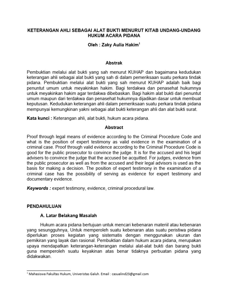 Keterangan Ahli Sebagai Alat Bukti Menurut Kitab Undang-Undang Hukum Acara Pidana | PDF